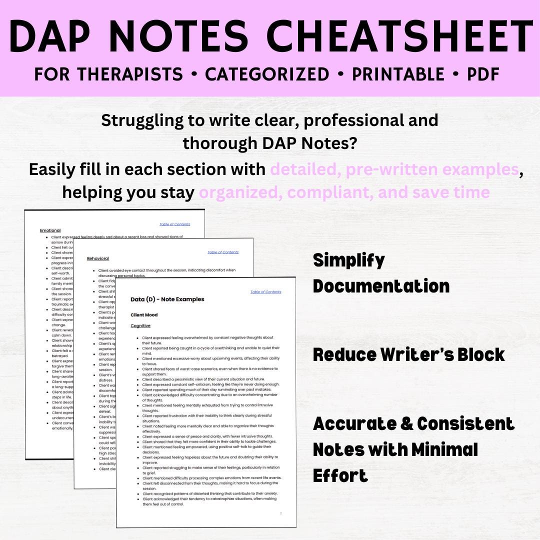 DAP Notes Examples PDF, Therapy Progress Note Cheat Sheet, DAP Note ...