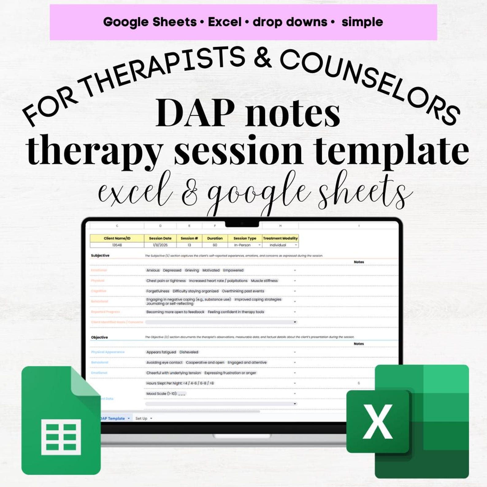 DAP Therapy Progress Note Template, DAP Notes Template, Counseling ...