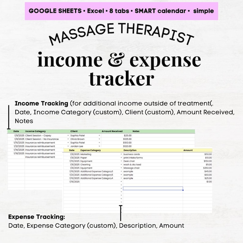 Massage Therapy Bookkeeping Template, Massage Therapist, Client Tracker ...