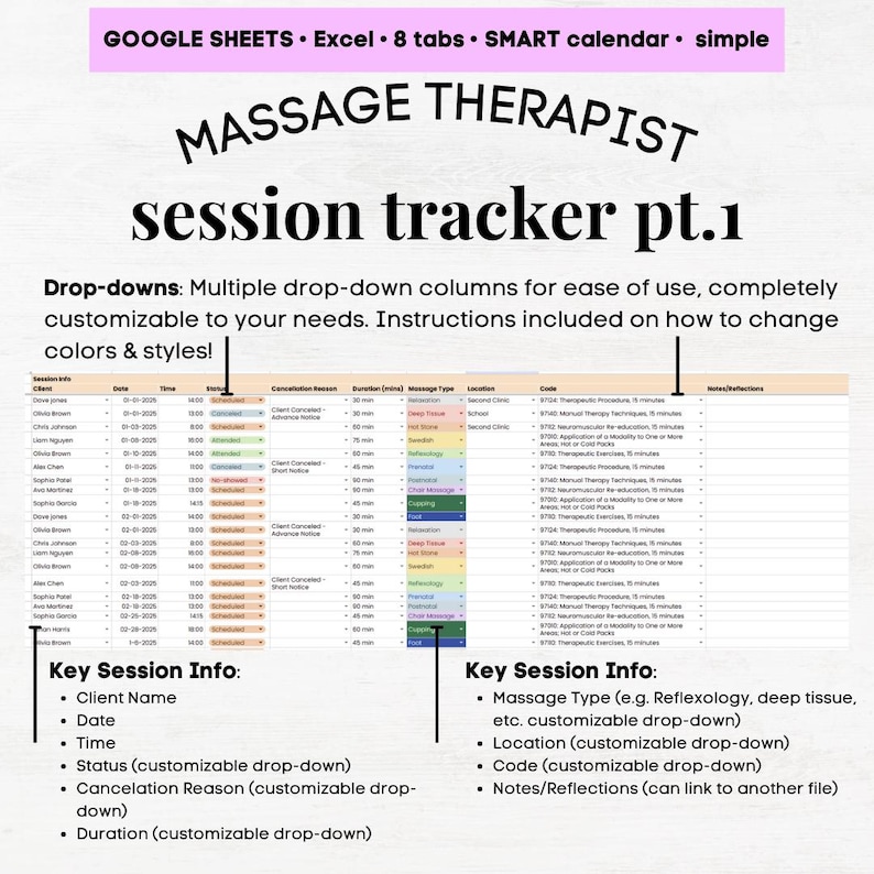 Massage Therapy Bookkeeping Template, Massage Therapist, Client Tracker ...