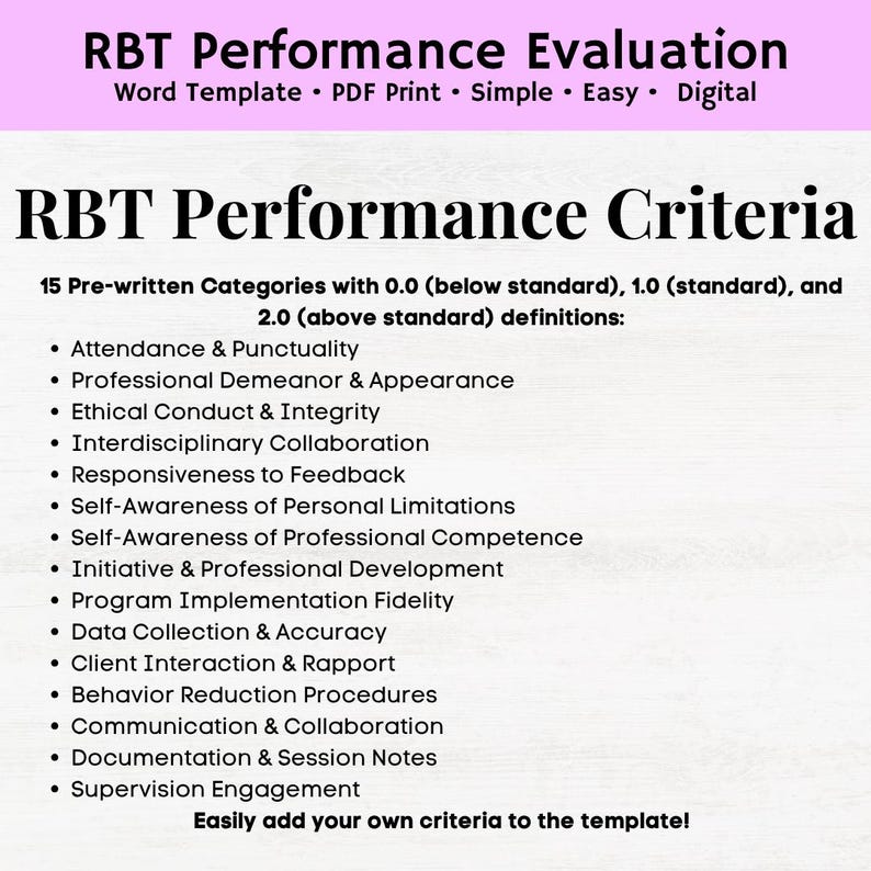 RBT Performance Evaluation Template, BCBA Supervision, Rbt Assessor ...
