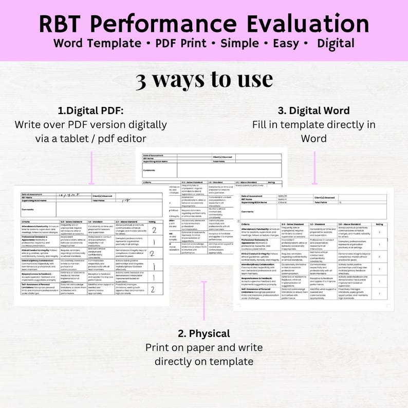 RBT Performance Evaluation Template, BCBA Supervision, Rbt Assessor ...