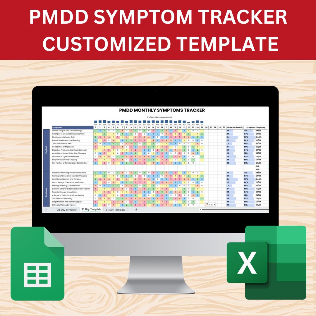 PMDD Symptom Tracker Excel Spreadsheet | Yearly Monthly Symptom Tracker ...