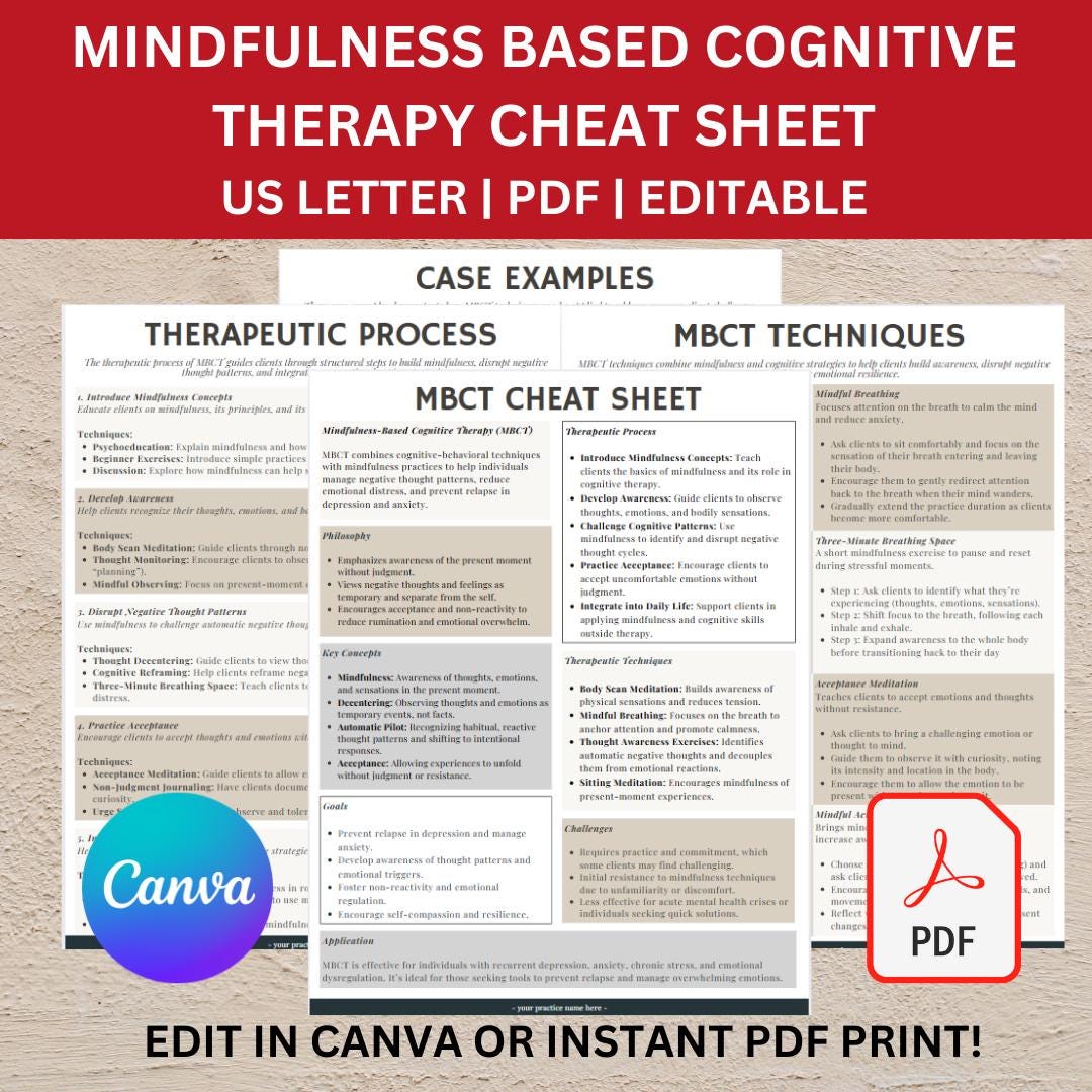 Mindfulness Based Cognitive Therapy Cheat Sheet, MBCT Cheat Sheet, MBCT Worksheet, Therapy Tools ...