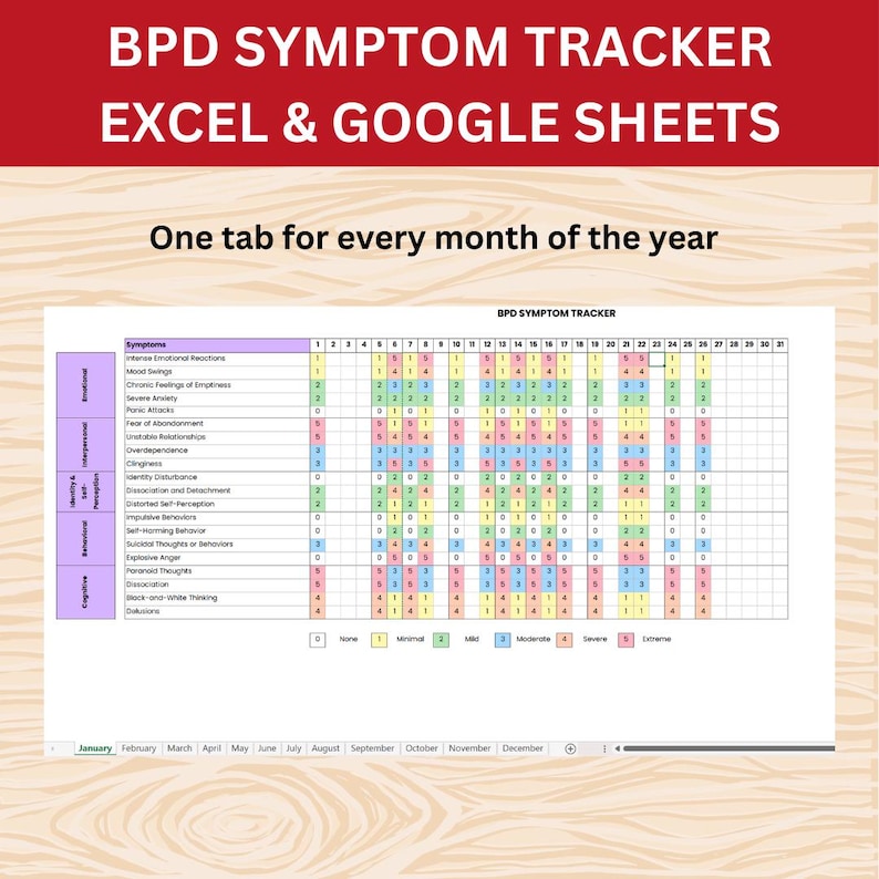 BPD Symptom Tracker Excel Spreadsheet Google Sheets Monthly Borderline Personality Disorder ...