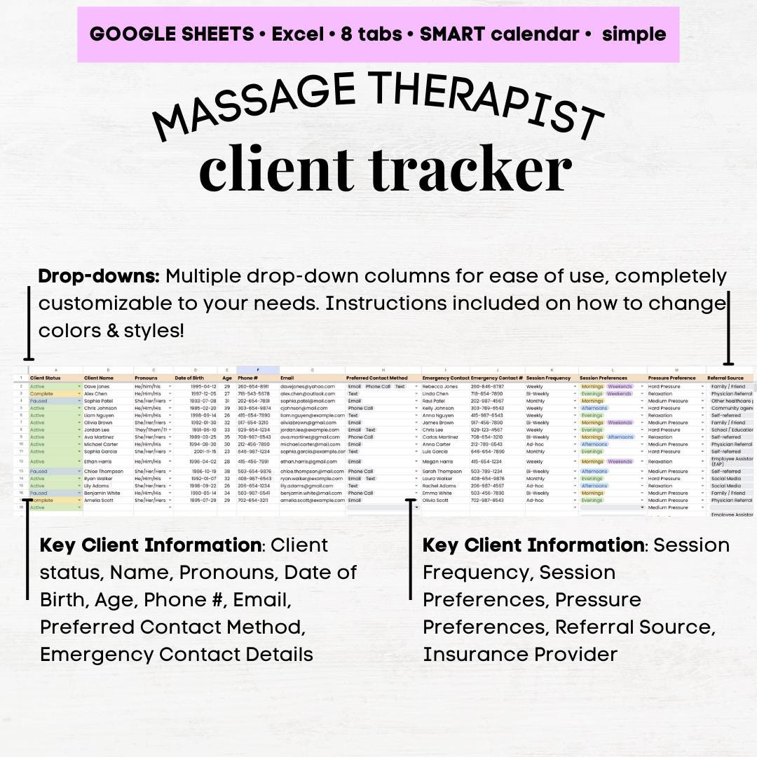 Massage Therapy Bookkeeping Template, Massage Therapist, Client Tracker ...
