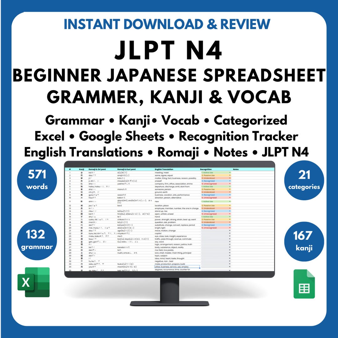 Beginner Japanese JLPT N4 Spreadsheet Vocabulary Kanji Grammar Study ...