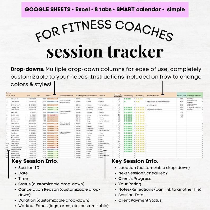 Personal Trainer Client Tracker Calendar, Personal Trainer Spreadsheet ...