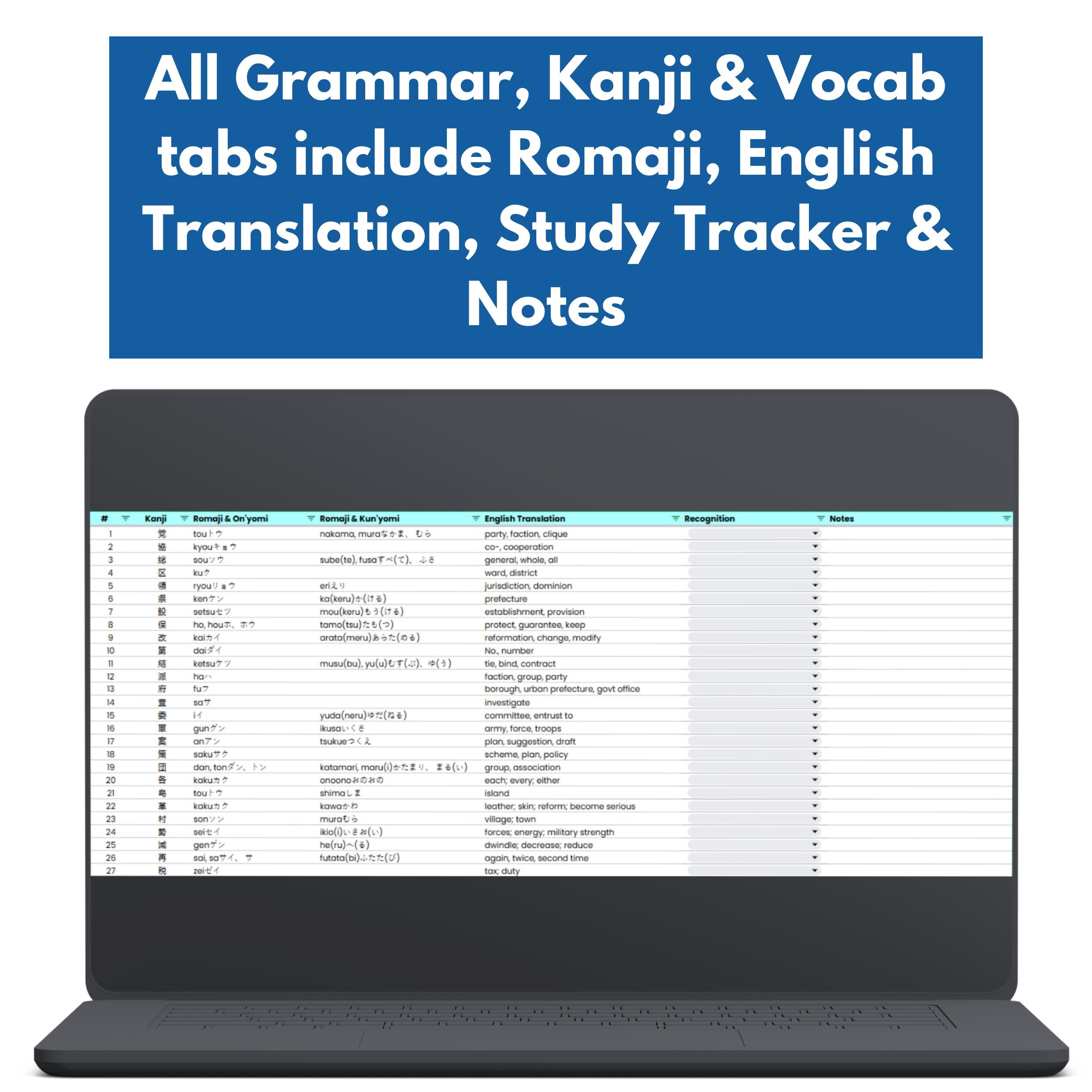 Advanced Japanese JLPT N1 Spreadsheet Vocabulary Kanji Grammar Study ...