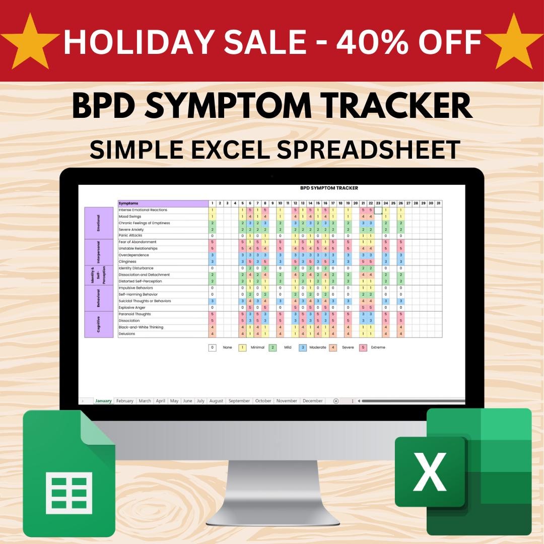 BPD Symptom Tracker Excel Spreadsheet Google Sheets Monthly Borderline ...