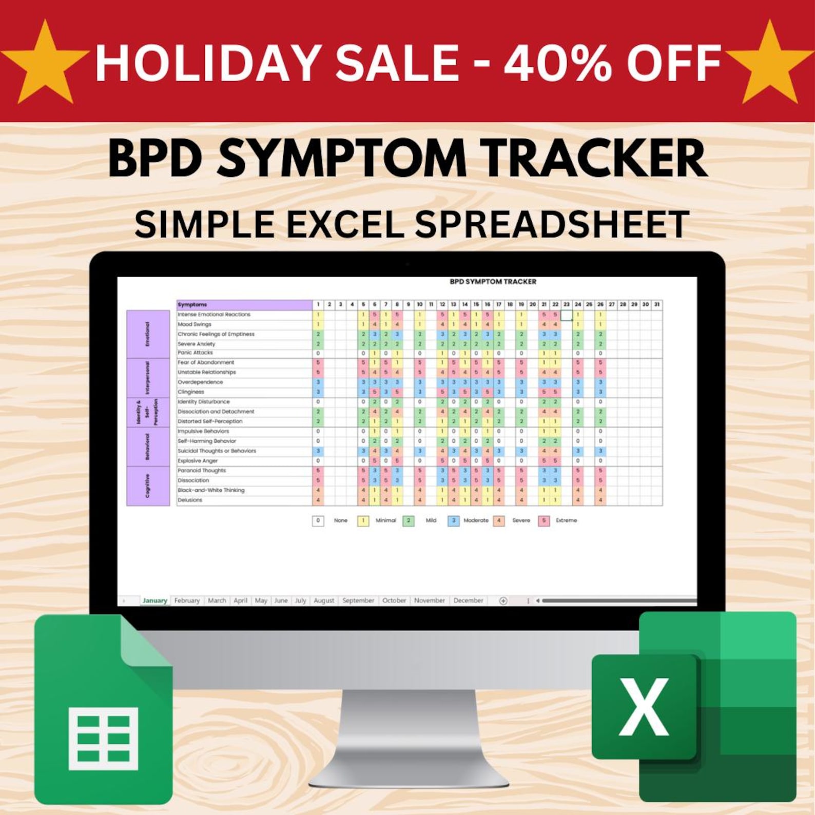 BPD Symptom Tracker Excel Spreadsheet Google Sheets Monthly Borderline ...