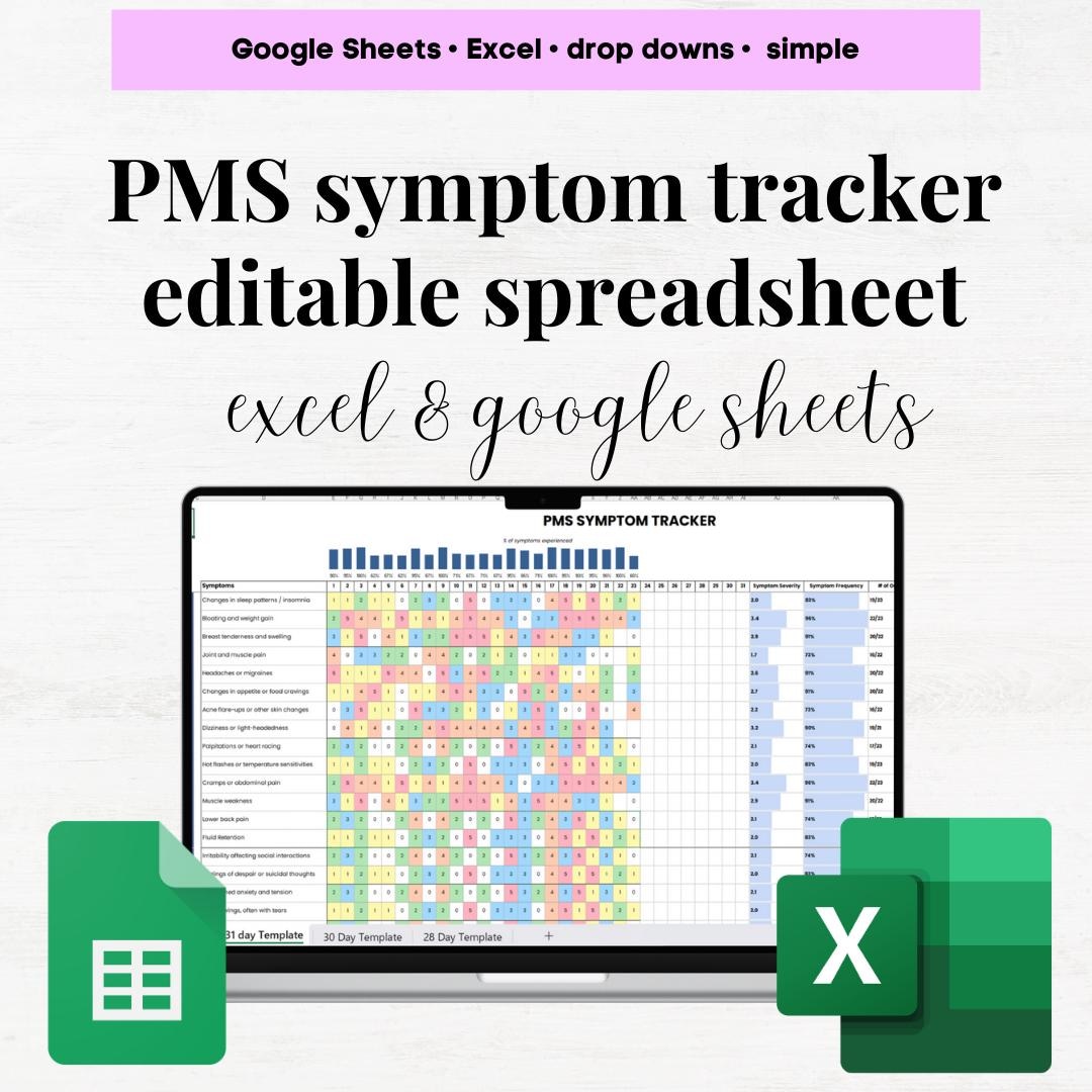 PMS Symptoms Tracker Excel Google Sheets Premenstrual Syndrome ...