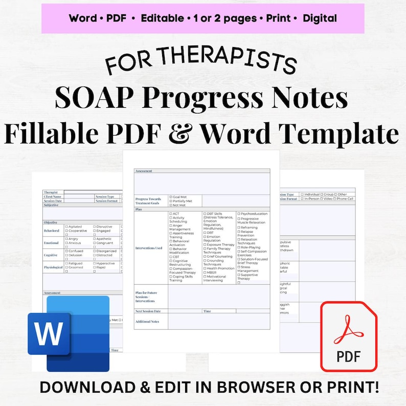 SOAP Note Therapy Editable PDF Template, Soap Notes Template, Digital ...
