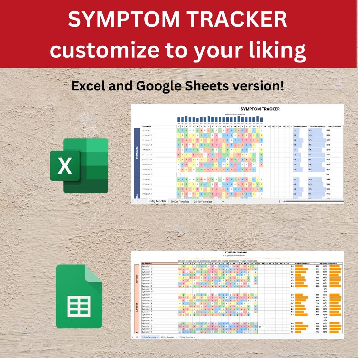 Symptom Tracker Excel Google Sheets, Monthly Symptom Frequency Tracker ...