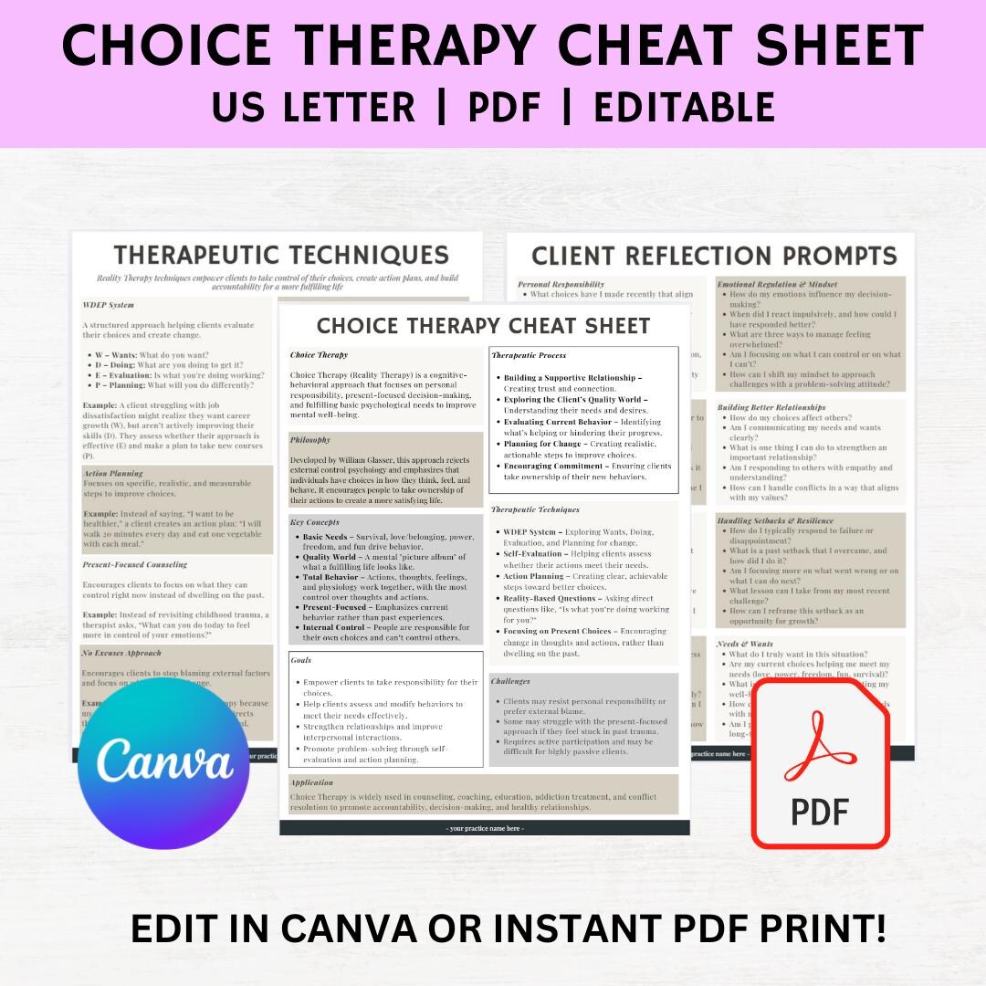 Choice Therapy Cheat Sheet, Reality Therapy, Therapy Resources ...