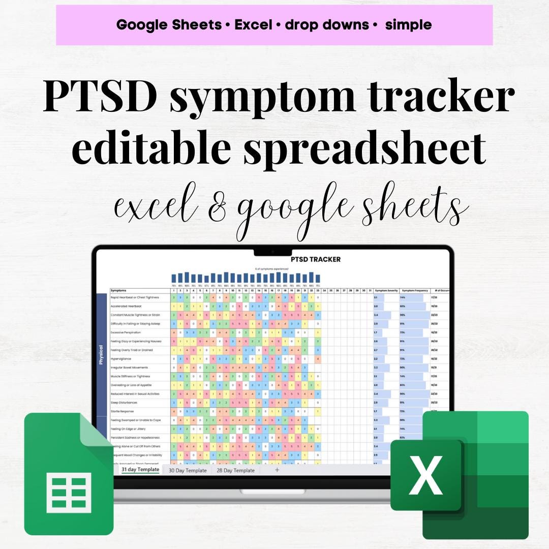 PTSD Tracker Excel Google Sheet Monthly PTSD Symptom Tracker PTSD ...