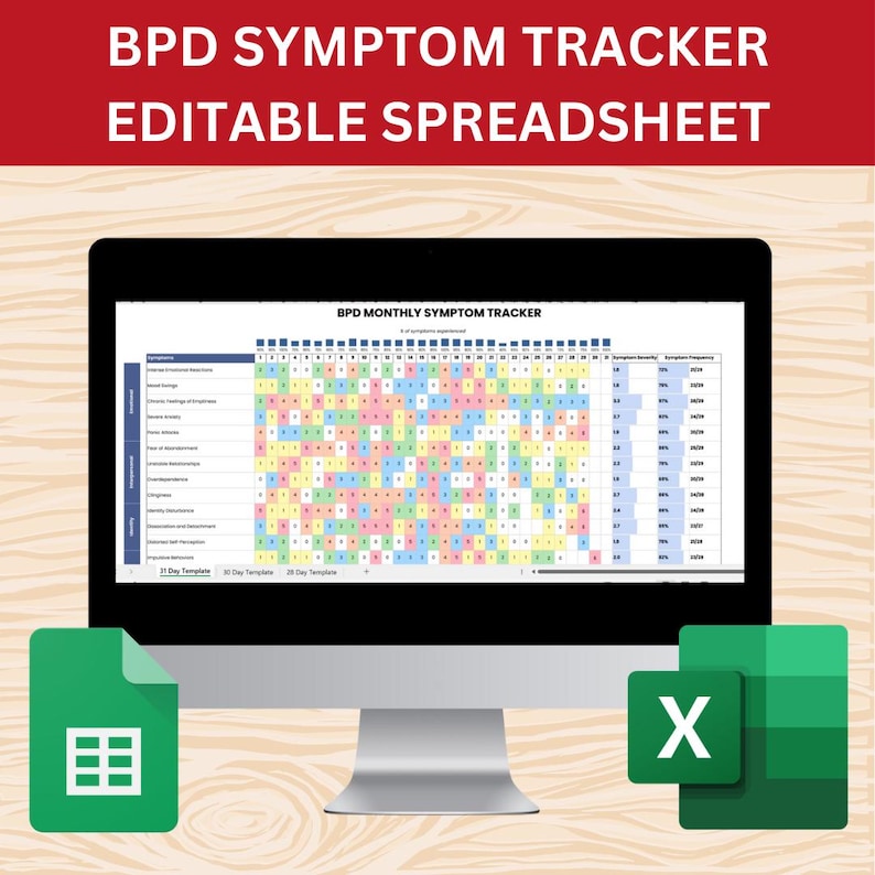 BPD Symptom Tracker Excel Spreadsheet Google Sheets Monthly Borderline ...