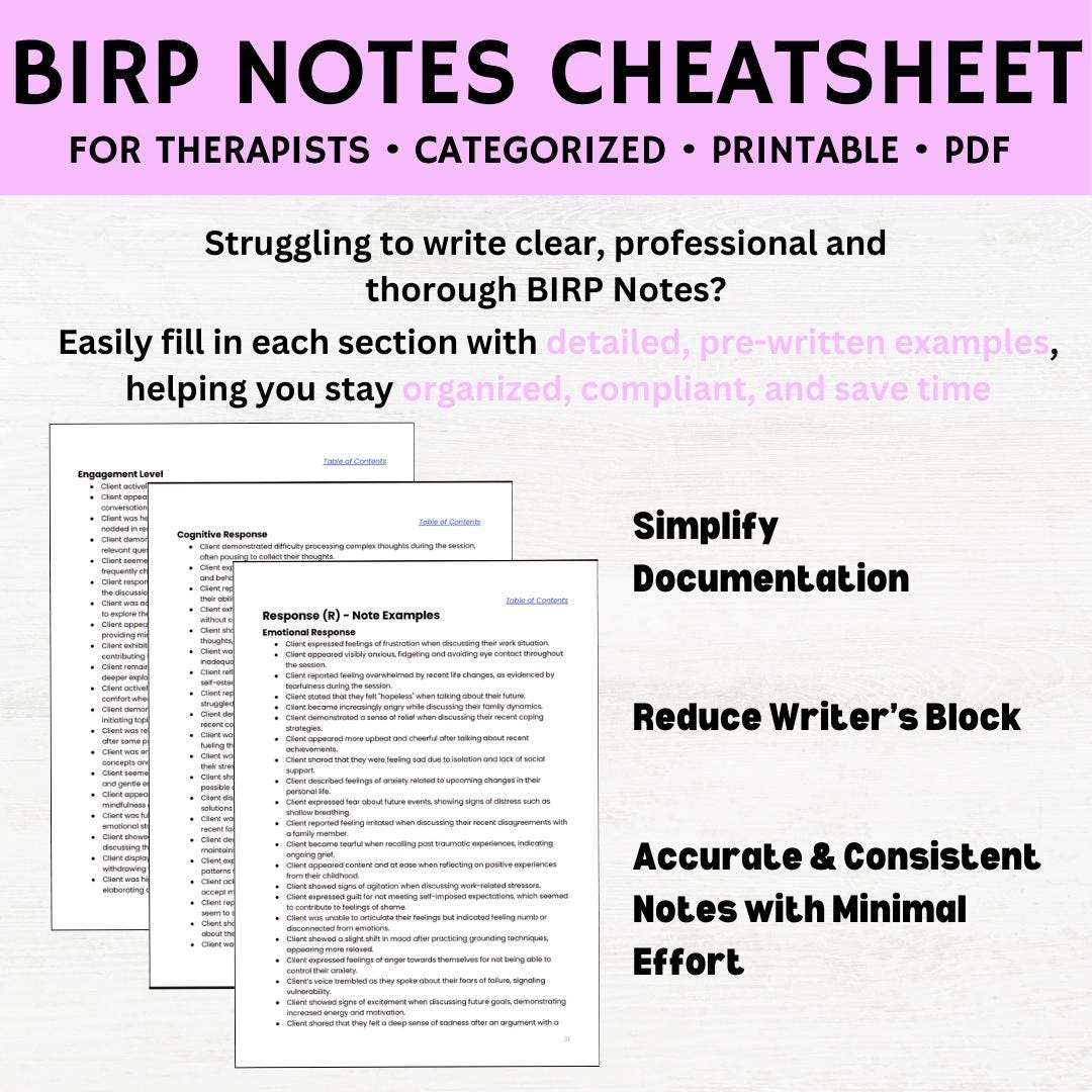 BIRP Note Cheat Sheet PDF, BIRP Note, Mental Health Therapy Notes ...