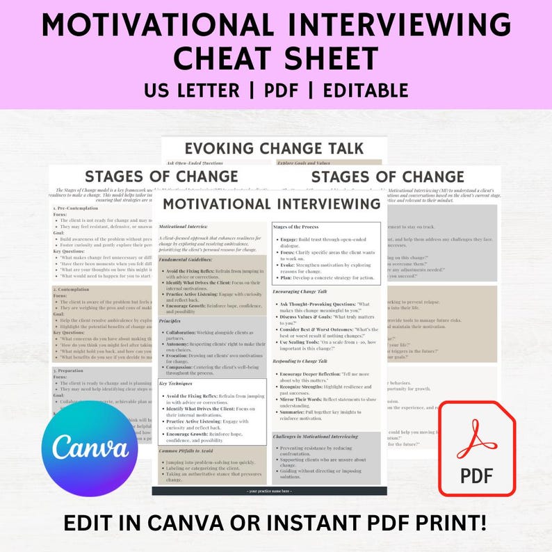 Motivational Interviewing Therapy Cheat Sheet, Motivational ...
