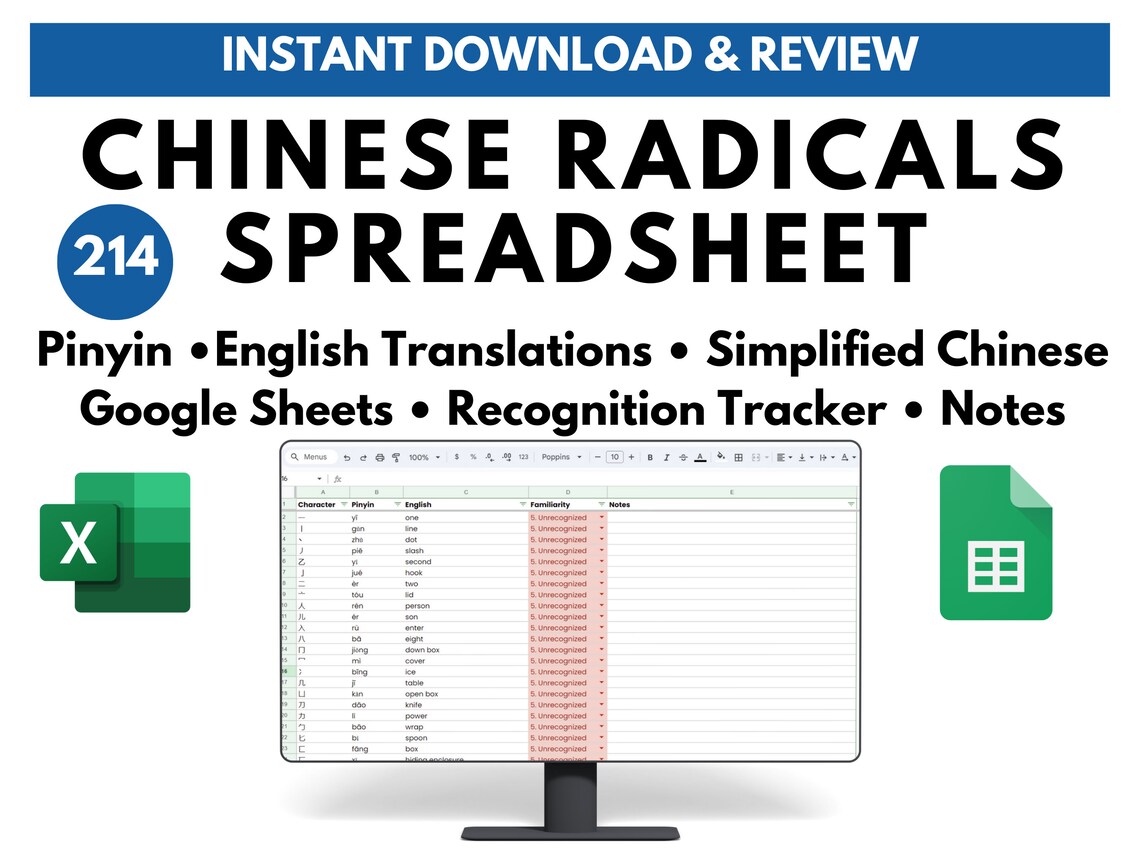 214 Simplified Chinese Radicals Spreadsheet Excel Google Sheets ...