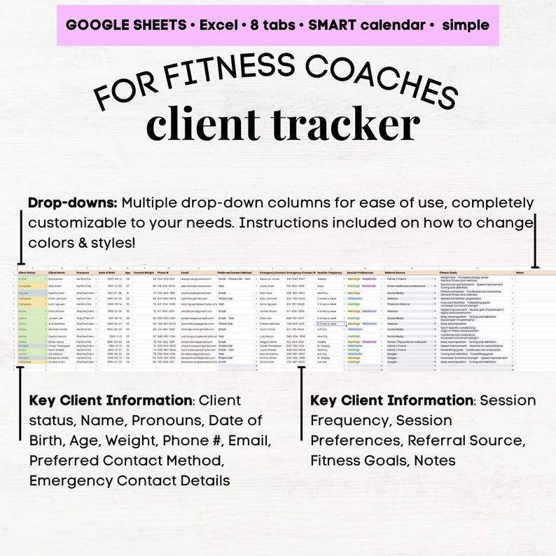 Personal Trainer Client Tracker Calendar, Personal Trainer Spreadsheet ...