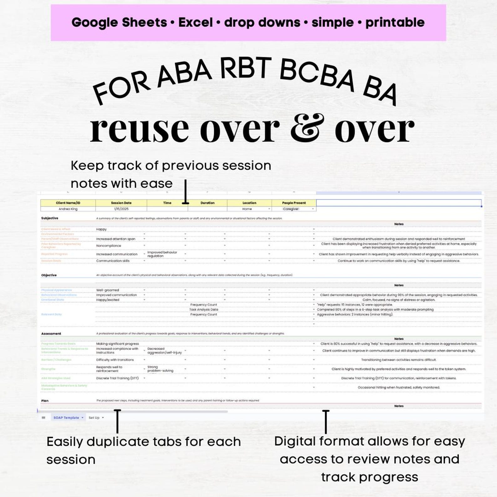 ABA SOAP Note Template, Aba Progress Note Template, Aba Session Note ...