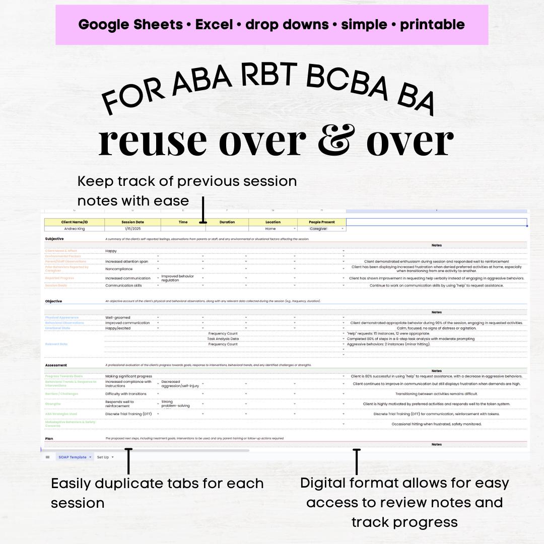 ABA SOAP Note Template, Aba Progress Note Template, Aba Session Note ...