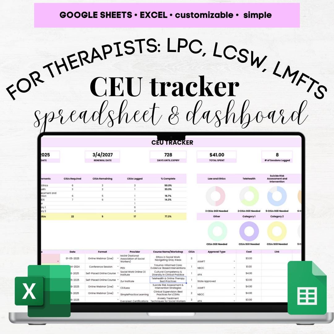 CEU Tracker for Therapists, Social Work CEU, CEU Template, Continuing ...