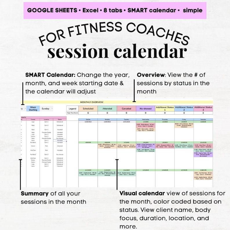 Personal Trainer Client Tracker Calendar, Personal Trainer Spreadsheet ...
