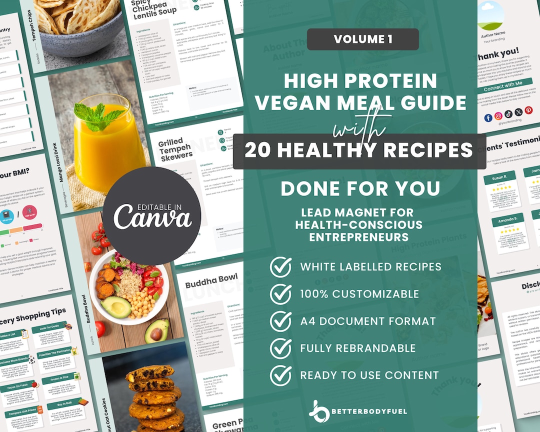 High Protein Vegan Meal Guide: 20 Healthy Recipes (canva Template) - Etsy