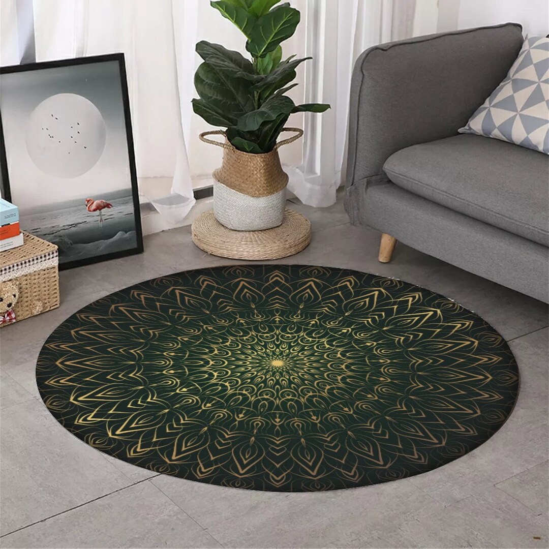 Green Mandala Round Area Rug Thick - Etsy