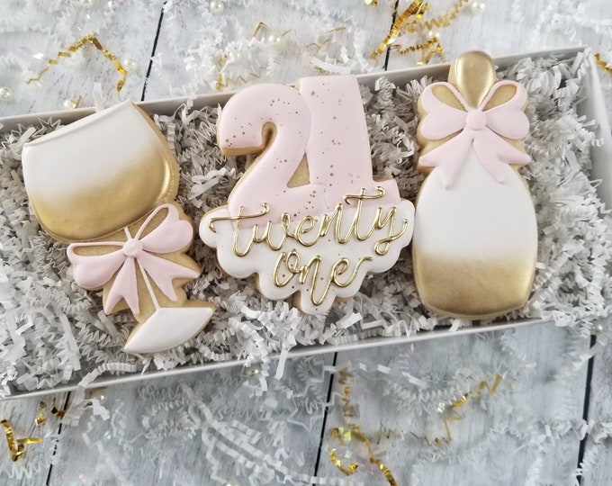 21st Birthday Cookie Gift Box | Champagne Birthday Cookies | Pink ...
