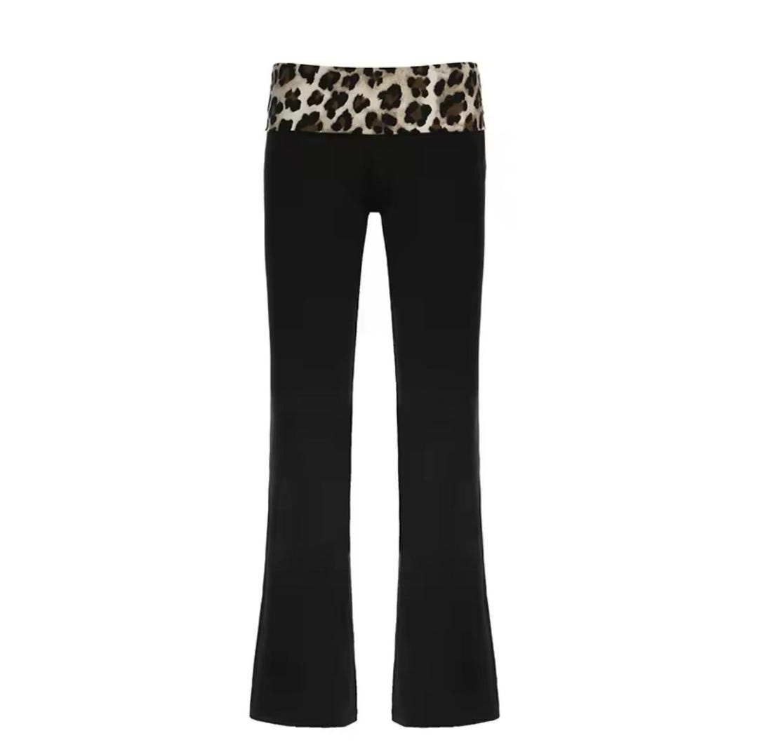 Fold Over Leopard Print Yoga Pants With a Flare Bottom Stretchy Spandex ...