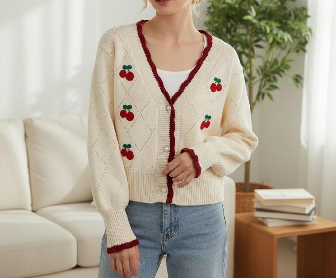 Cherry Cropped Printed Knit Cardigan Long Sleeve Ruffle Cuff Japanese ...