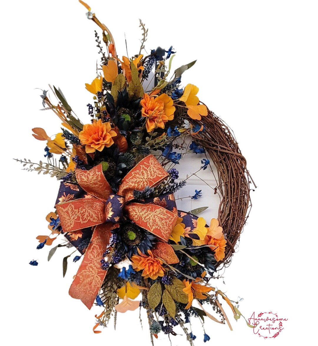 Orange and Blue Fall Wreath, Fall Door Decor, Fall Grapevine Wreath ...