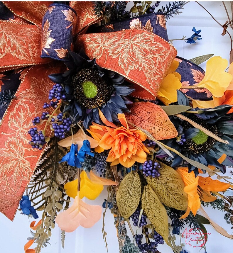 Orange and Blue Fall Wreath, Fall Door Decor, Fall Grapevine Wreath ...