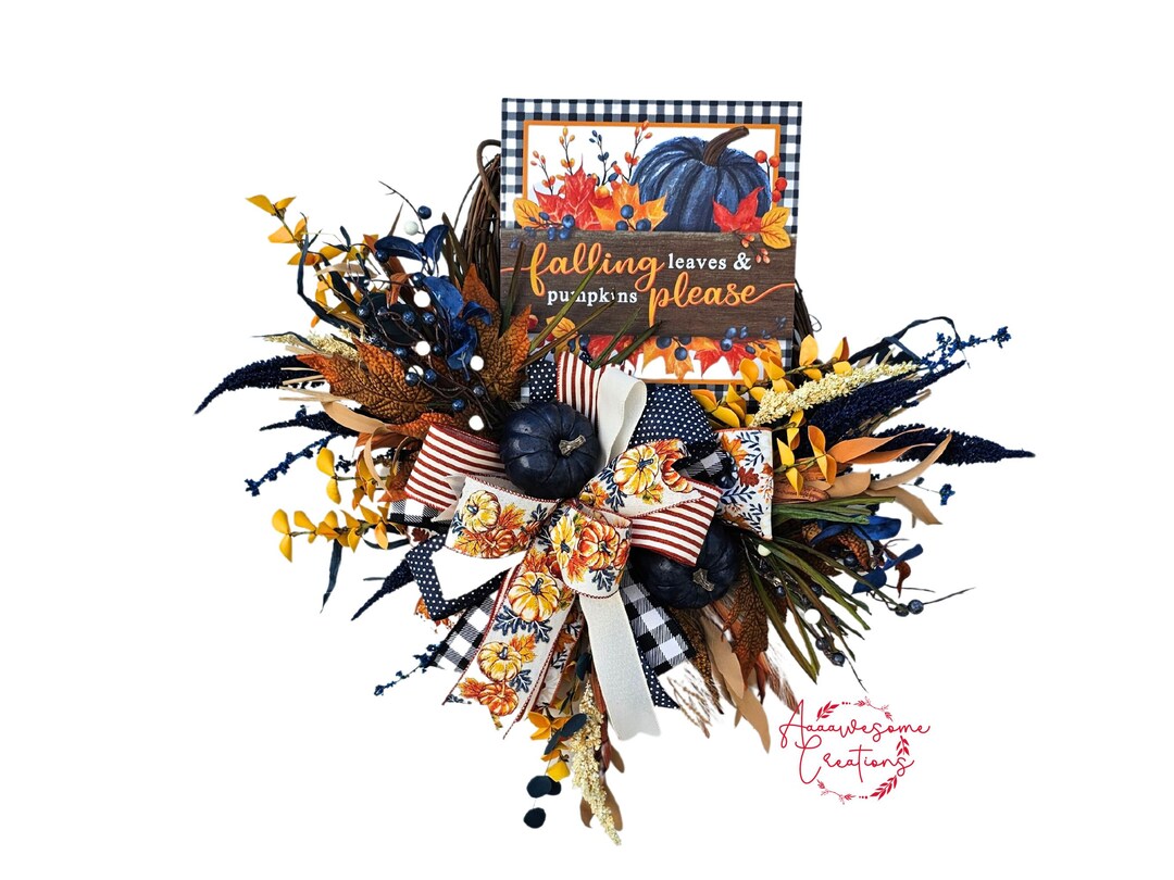 Blue & Orange Fall Grapevine Wreath: Thanksgiving Door Decor - Etsy