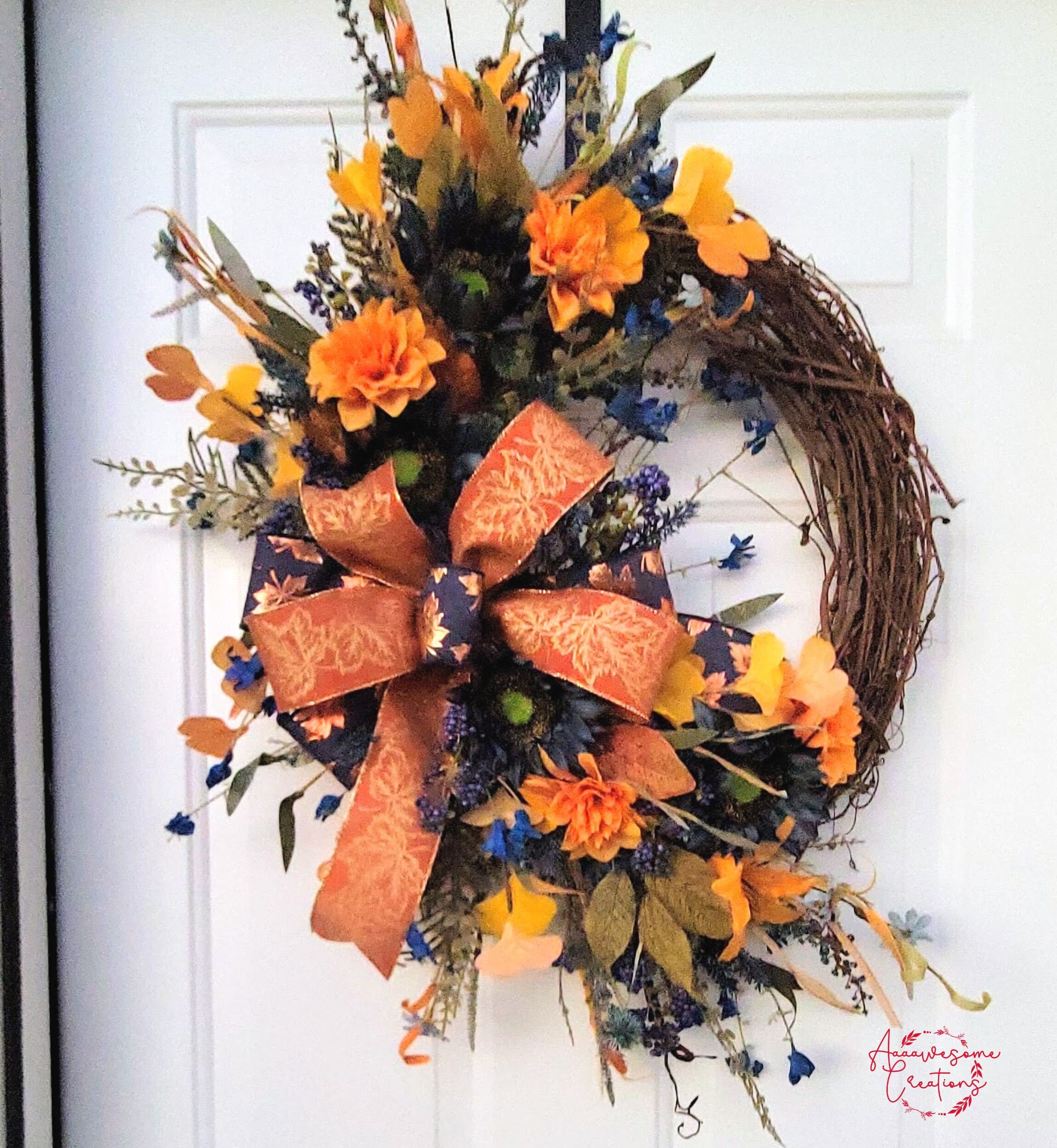 Orange and Blue Fall Wreath, Fall Door Decor, Fall Grapevine Wreath ...