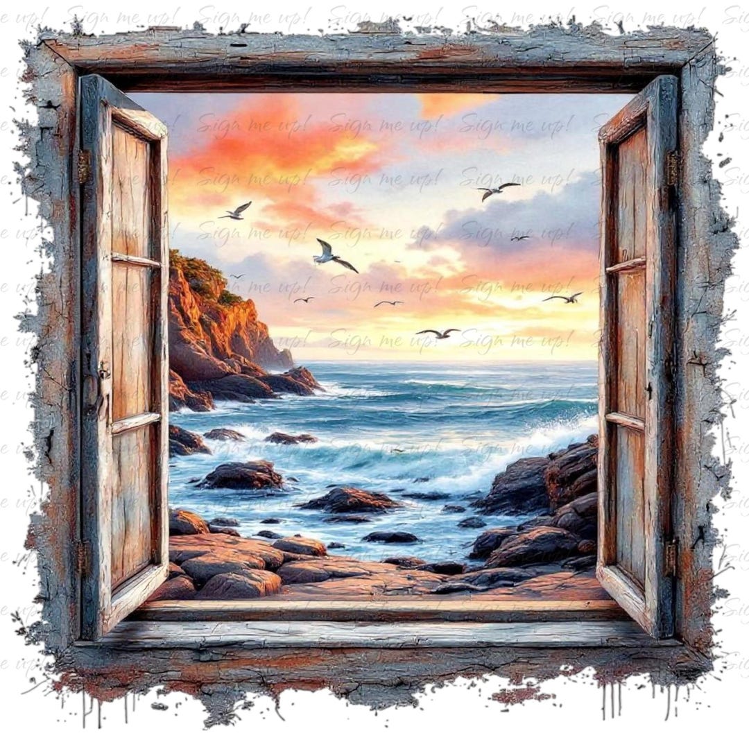 Coastal Window View Art Prints: Vintage Beach Sunset Set (digital ...