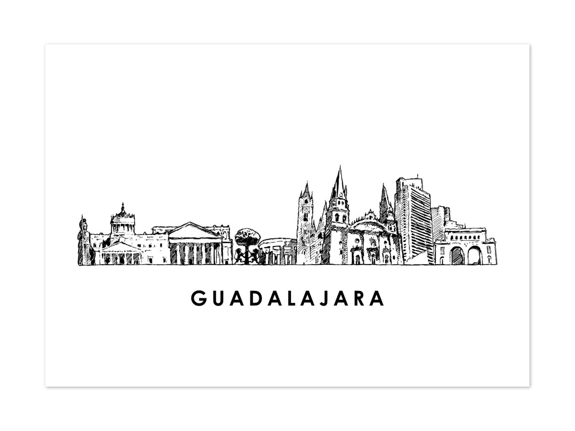 Guadalajara City Skyline Drawing Art Print, Mexico Landmarks Poster ...