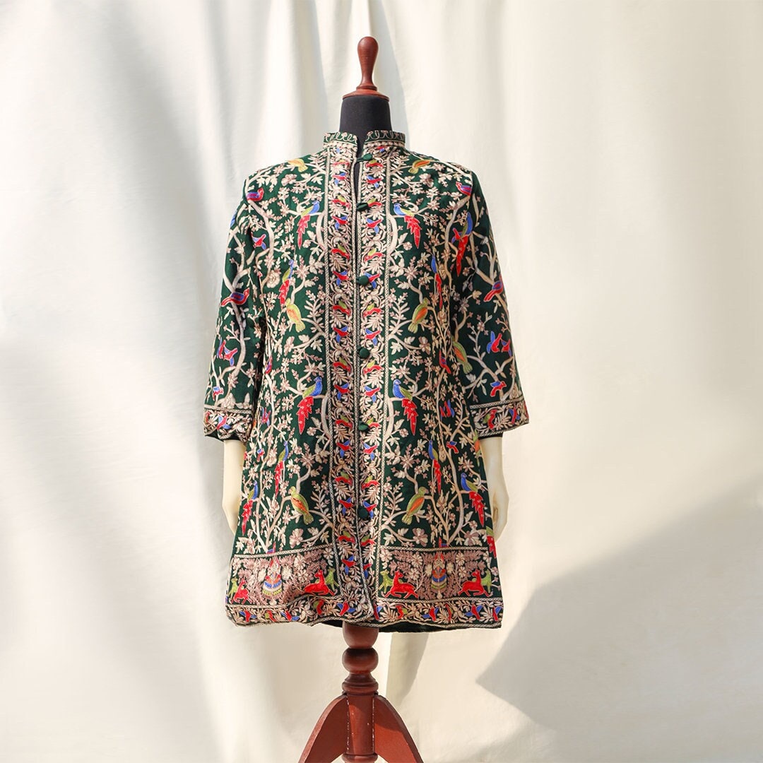 Dark Green Embroidered Long Jacket for Bohemian Rave Pashmina Jacket ...