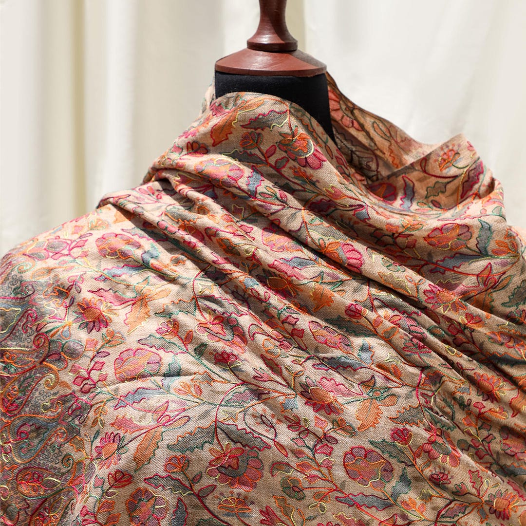 Light Beige Woven Pashmina Shawl Ethnic Embroidery With Fine Threadwork ...