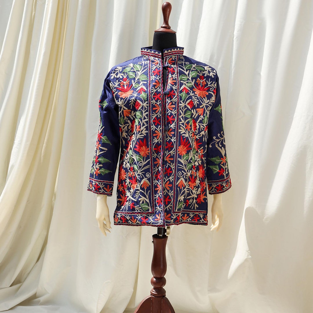 Deep Blue Floral Short Jacket Kashmiri, Embroidered Work on Raw Silk ...