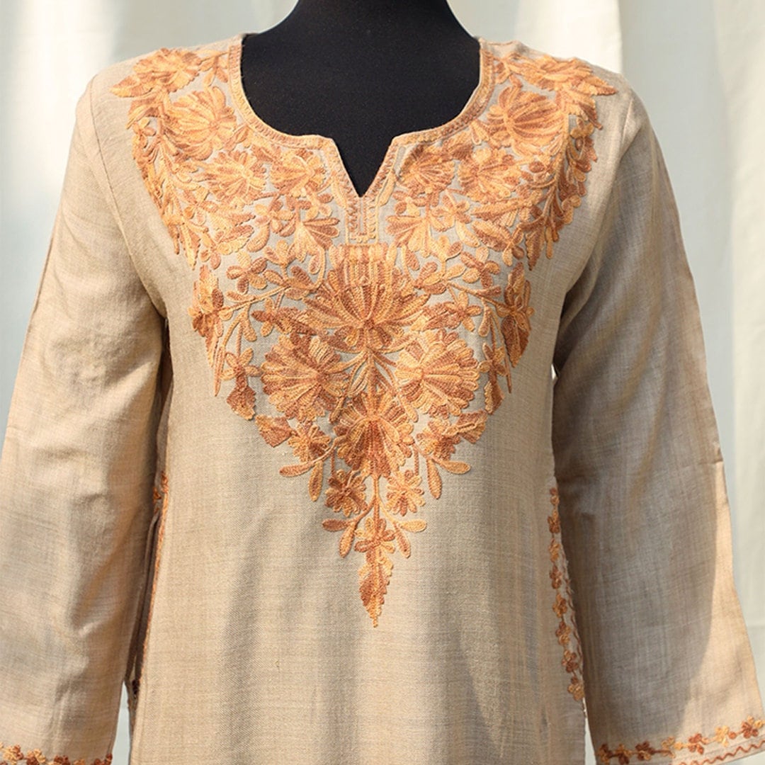 Beige Kashmiri Pheran Shirt With Rust Embroidery Long Kurti for Women ...