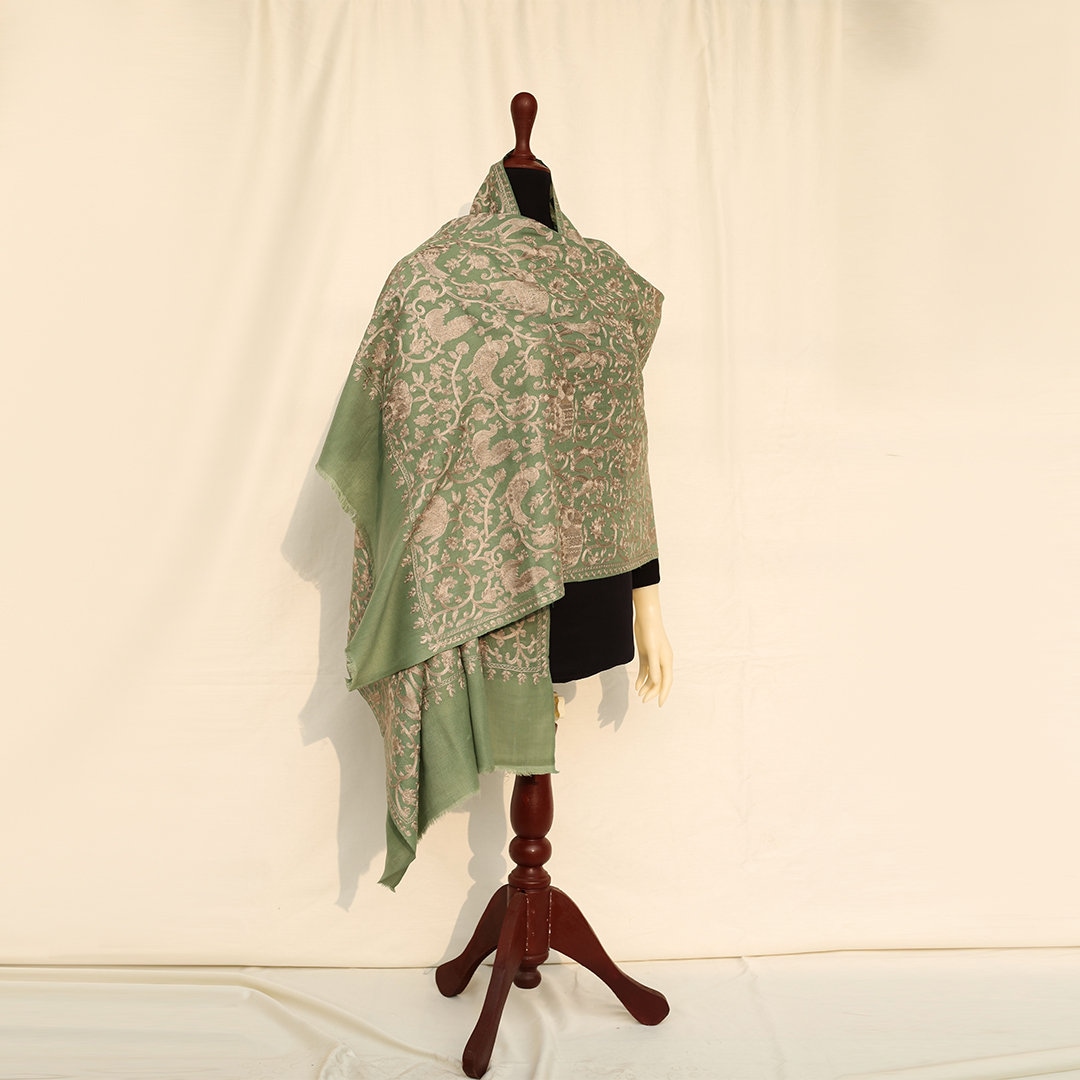 Soft Olive Shawl With Exotic Widlife Design Pashmina Scarf Pashmina ...