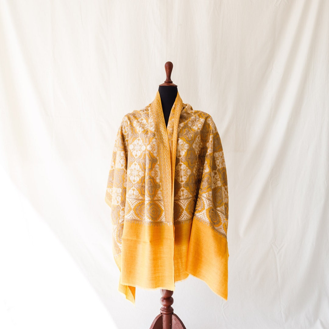 Yellow Pashmina Shawl Kashmiri Silk Embroidered Scarf Geometric Pattern ...