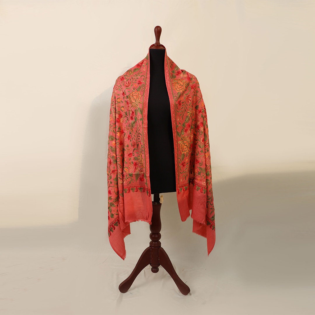 Pink Wool Embroidered Shawl for Her Kashmiri Pashmina Scarf Autumn Wrap ...