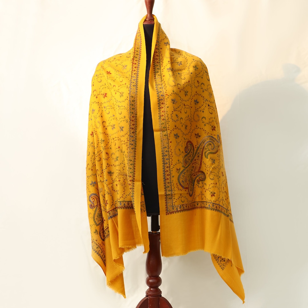 Kashmiri Pashmina Shawl Sozni Embroidery Work on Bright Mustarf Large ...