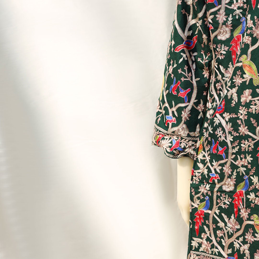 Dark Green Embroidered Long Jacket for Bohemian Rave Pashmina Jacket ...