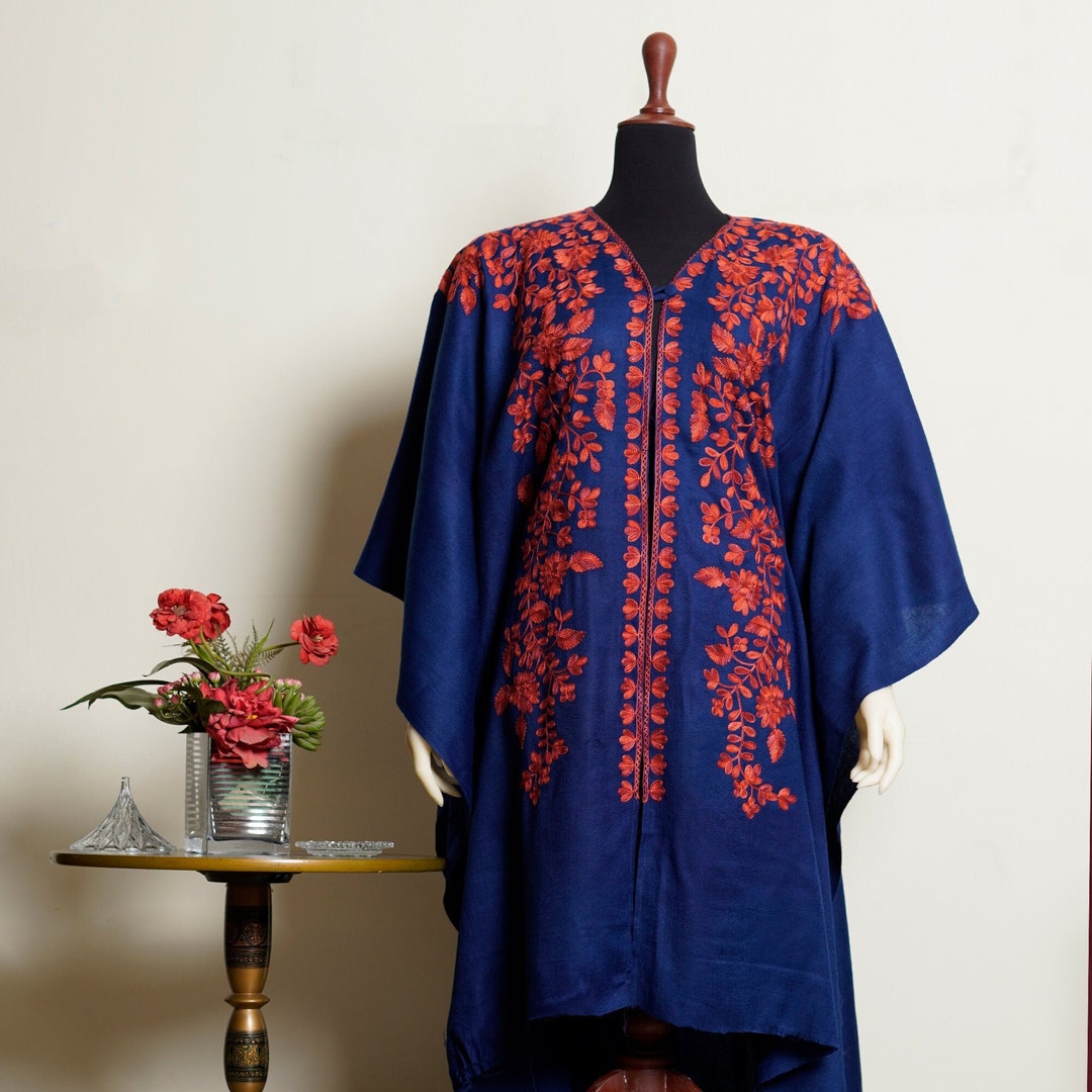Blue Poncho Women Wool Kashmiri Embroidered Blue Cape Shawl Aari Work ...